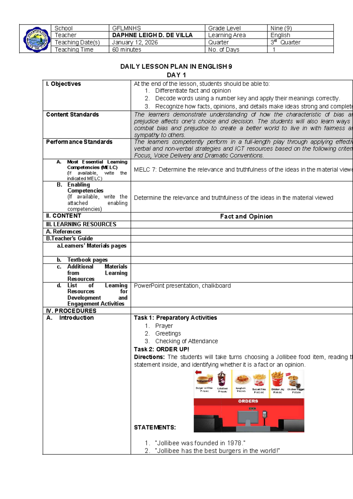 Daily Lesson Plan in English 9 - Day 1 (3rd Quarter) - Studocu