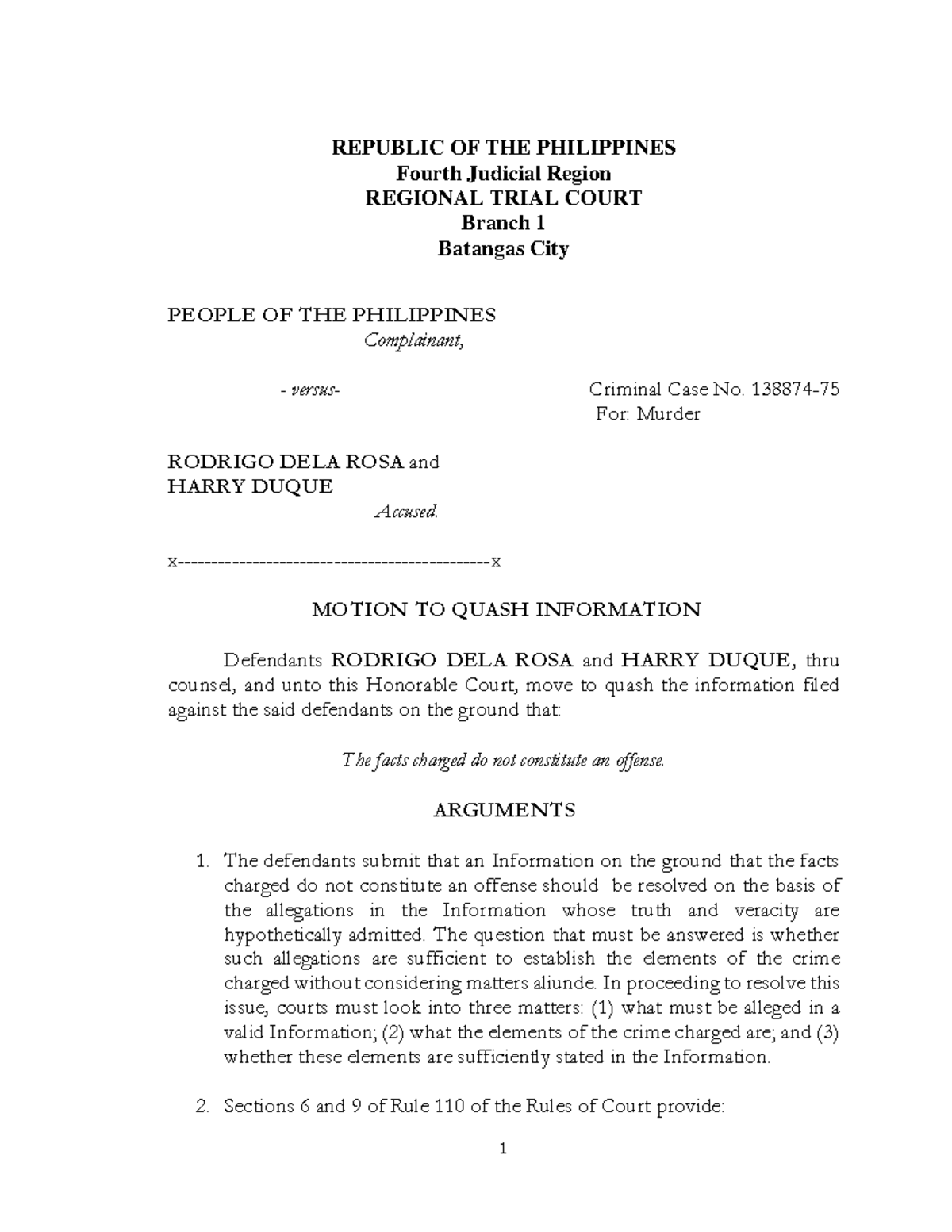 479715209 Motion to Quash Information in Criminal Case No. 138874 - Studocu