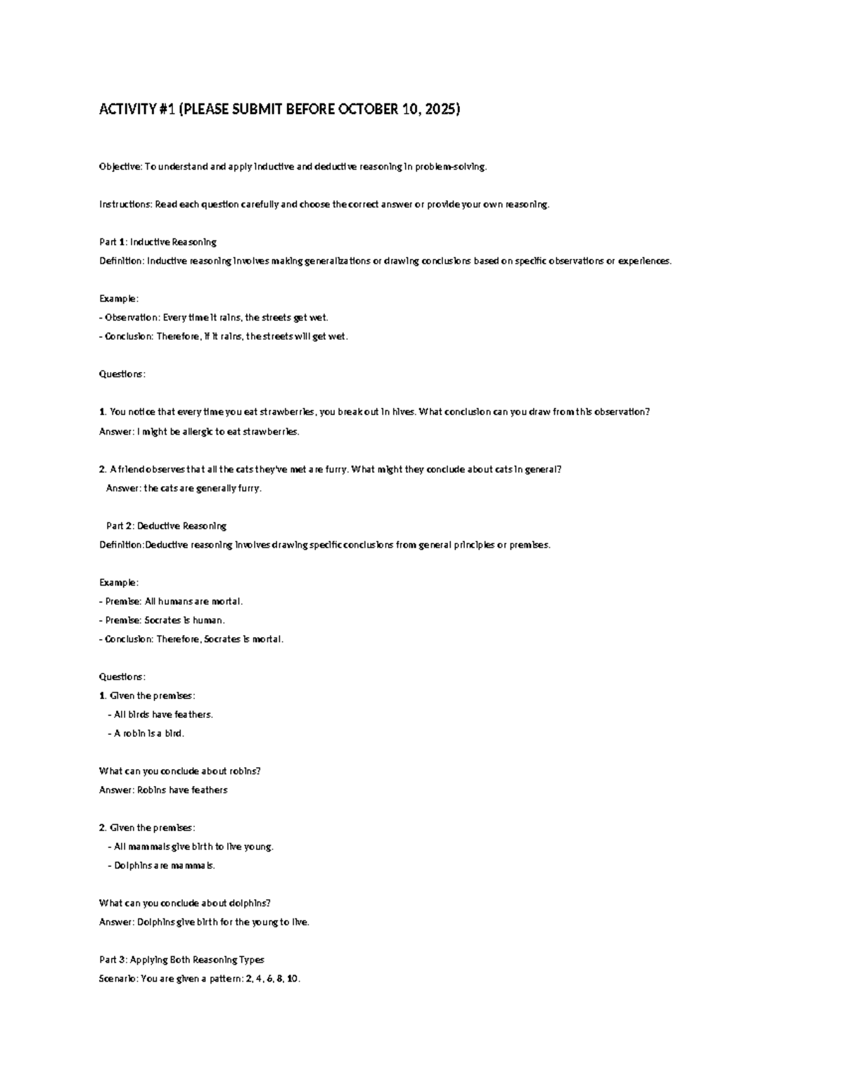 ACTIVITY: Inductive & Deductive Reasoning Practice (ACT 101) - Studocu