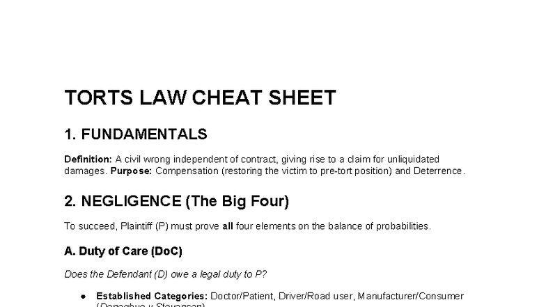 Torts LAW Cheat Sheet - Tort law governs civil wrongs independent of ...