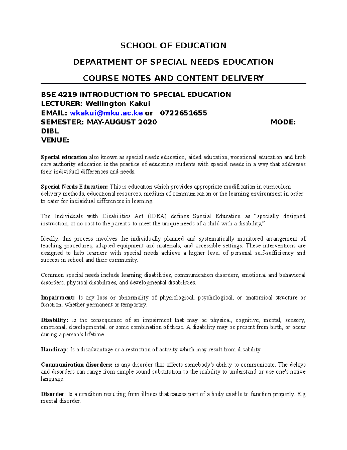 BSE 4219 Special Education Lecture Notes for DIBL Program - Studocu