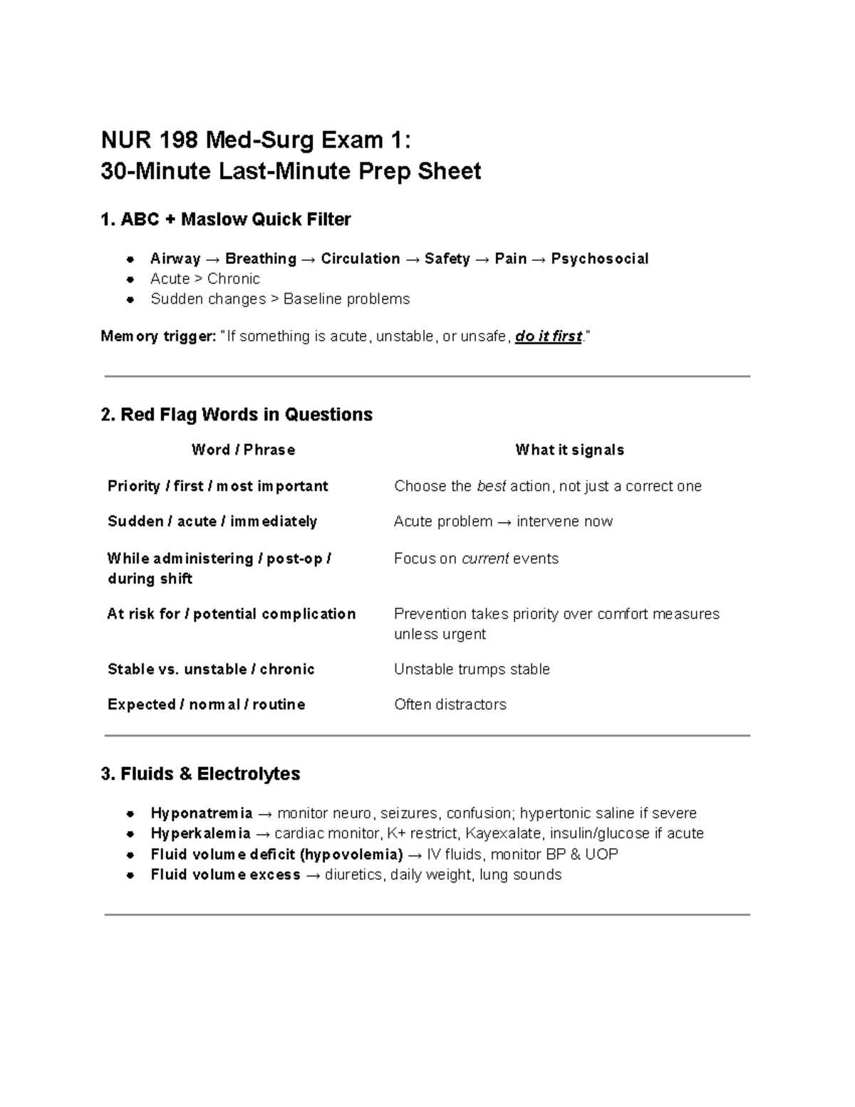NUR 198 Med-Surg Exam 1: 30 Sec Quick Study Guide - Studocu
