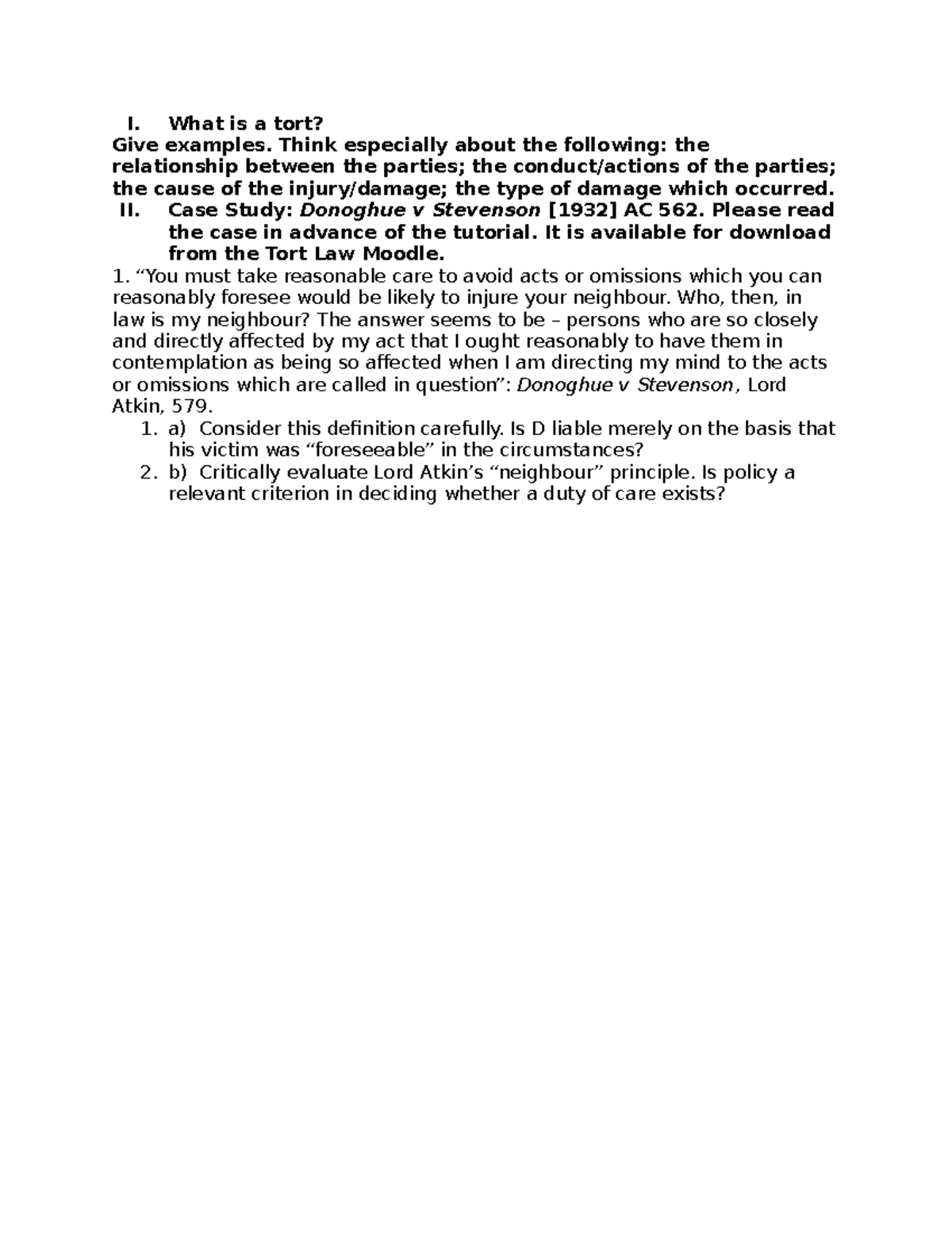 Tort Law Case Study: Donoghue v Stevenson Analysis and Insights - Studocu