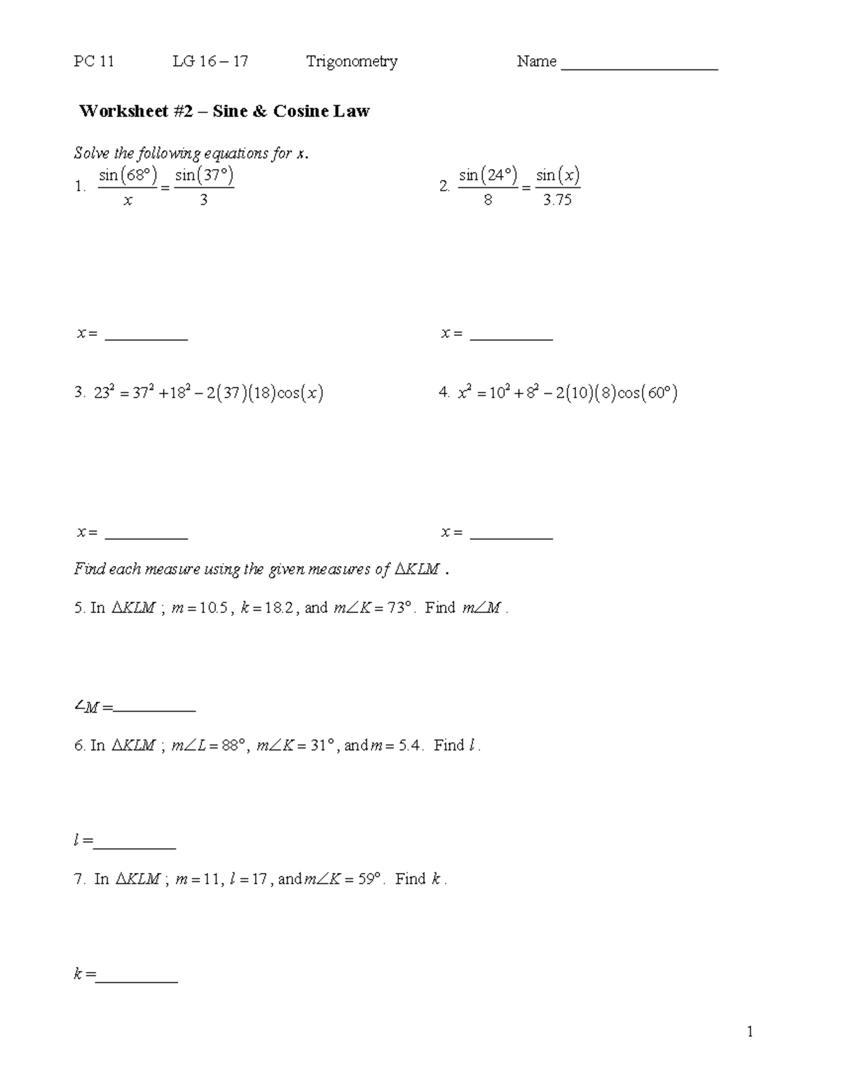 WS2 - Sine & Cosine Law Worksheet for Angle & Side Problems - Studocu