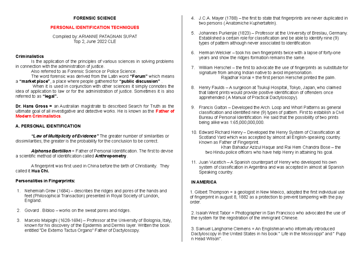 Forensics Personal ID Notes - FORENSIC SCIENCE PERSONAL IDENTIFICATION ...