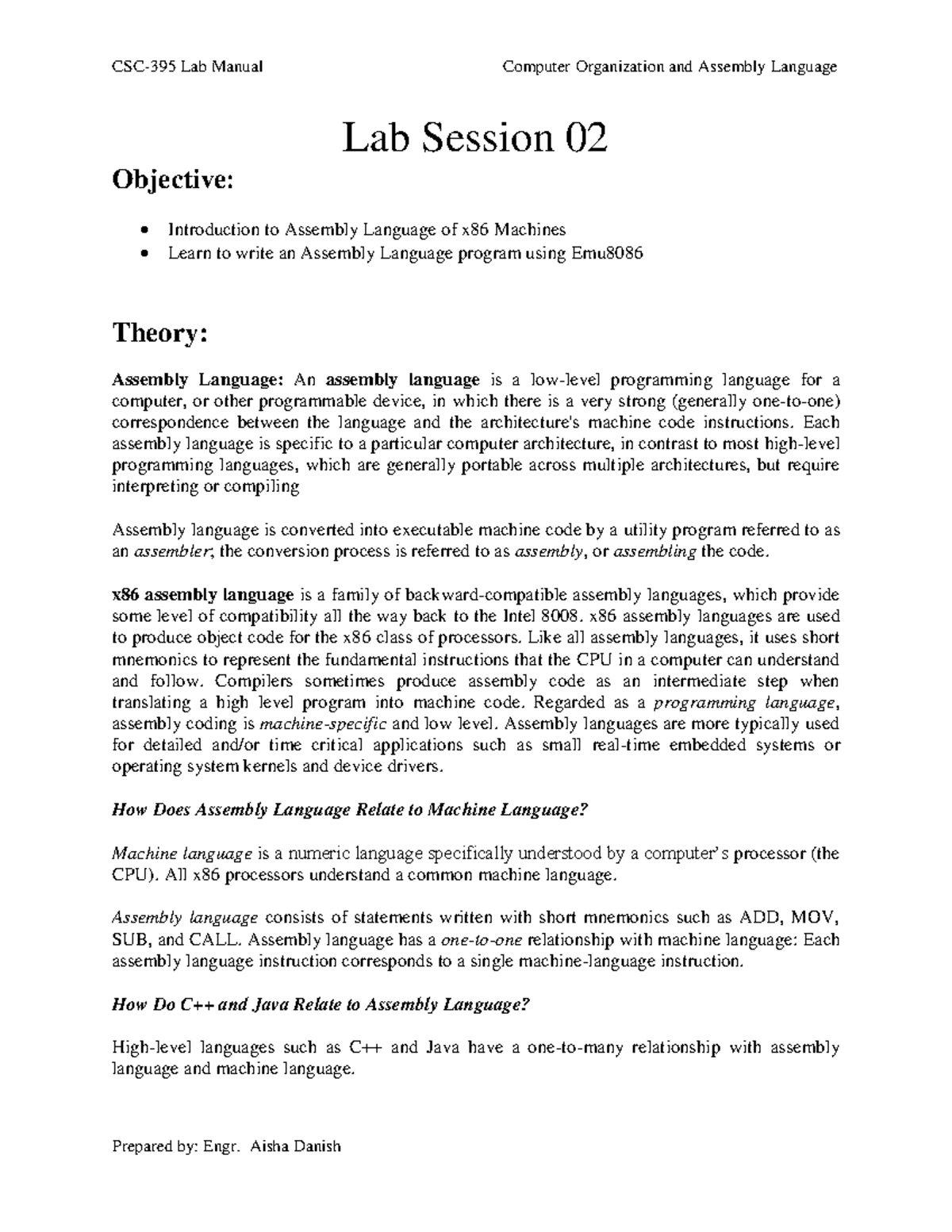 Lab Manual: Computer Organization & Assembly Language Lab 02 - Studocu