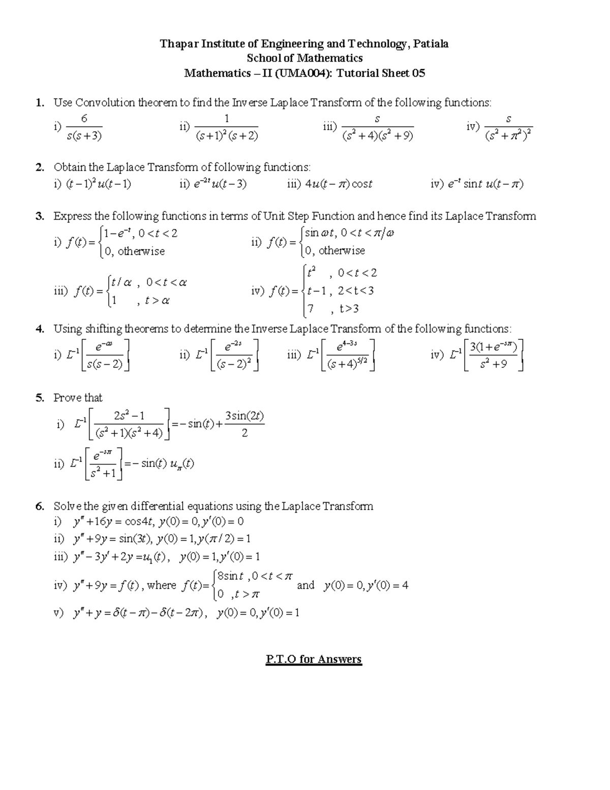Tute Sheet 05 UMA004 - Thapar Institute of Engineering and Technology, Patiala School of ...