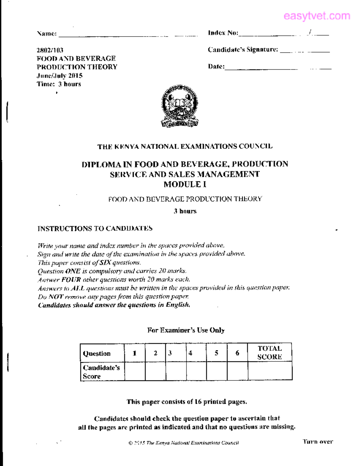FBP2015: Food and Beverage Production Theory Exam Paper - Studocu