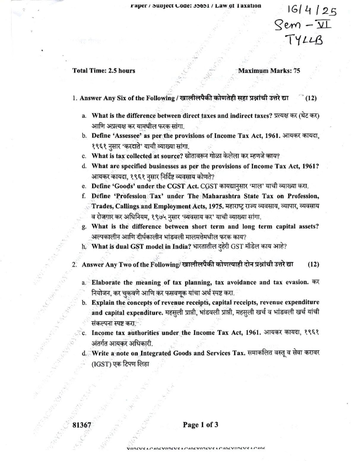 LAW 01: Taxation Final Exam Notes - LLB Sem VI (75 Marks) - Studocu