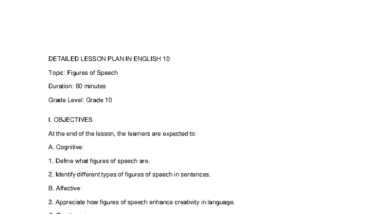 Detailed Lesson Plan: Figures of Speech for English 10 - Studocu