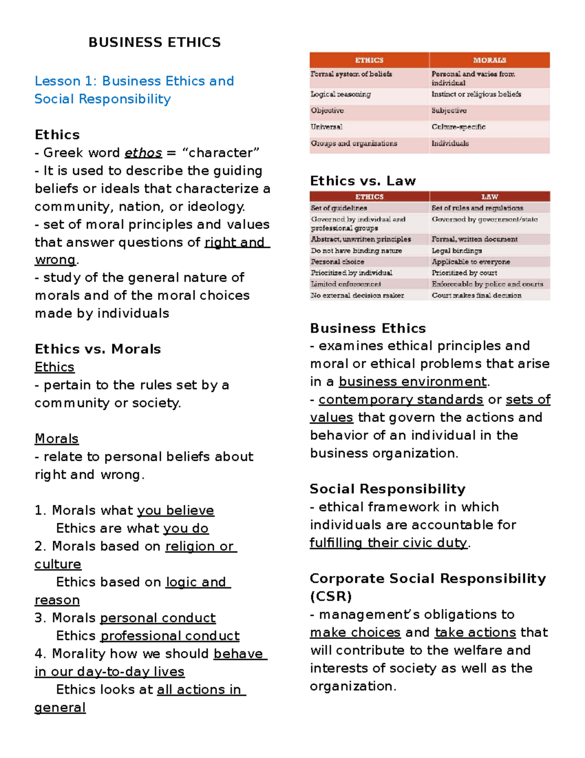 BUSINESS ETHICS (BE101) Lesson 1: Ethics and Social Responsibility ...