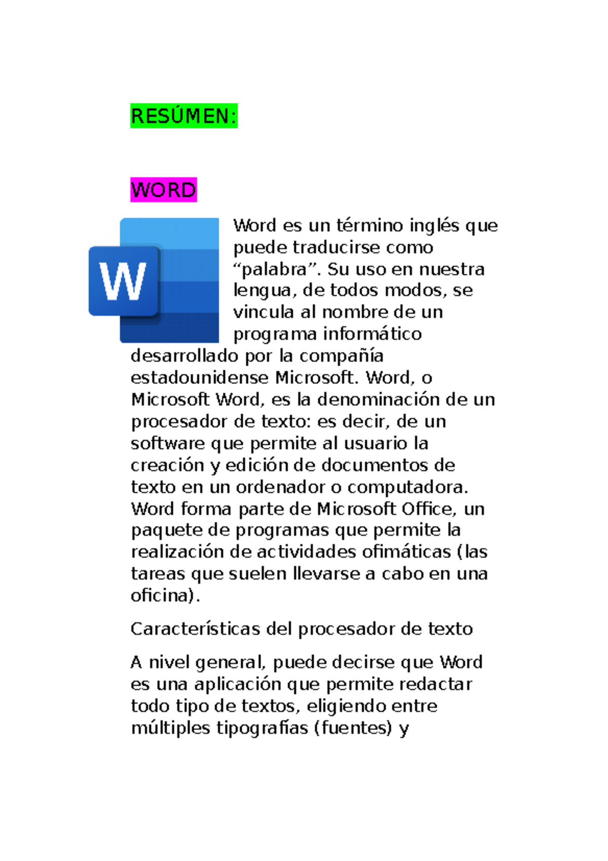 Resumen DE Microsoft - RESÚMEN: WORD Word es un término inglés que ...