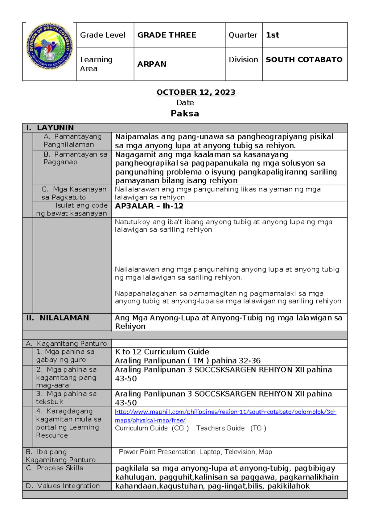 COT- ARPAN- Anyong Lupa at Anyong Tubig - Quarter 1 Final Exam - Studocu