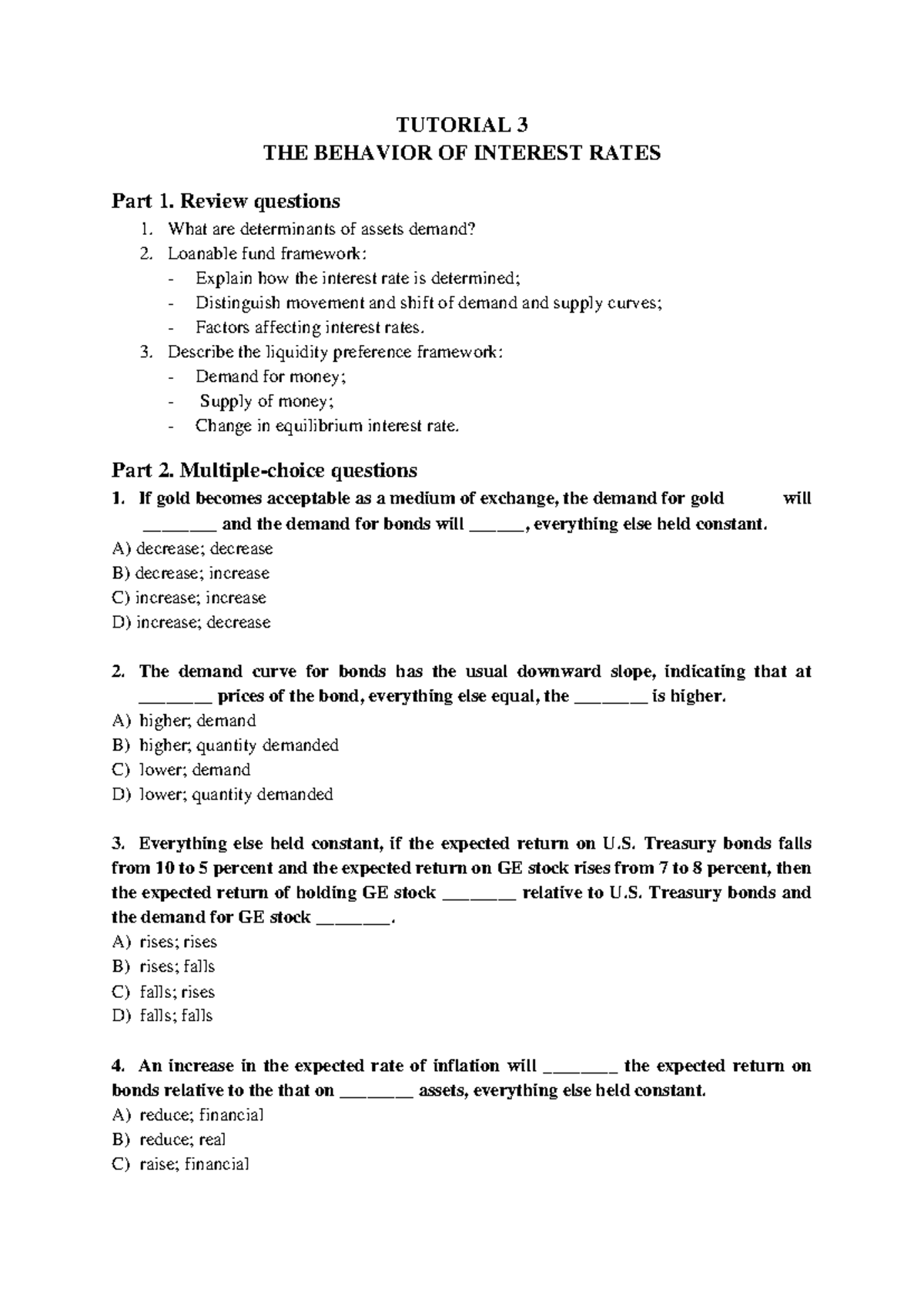 Tutorial 3: Interest Rates Behavior & Review Questions - Studocu