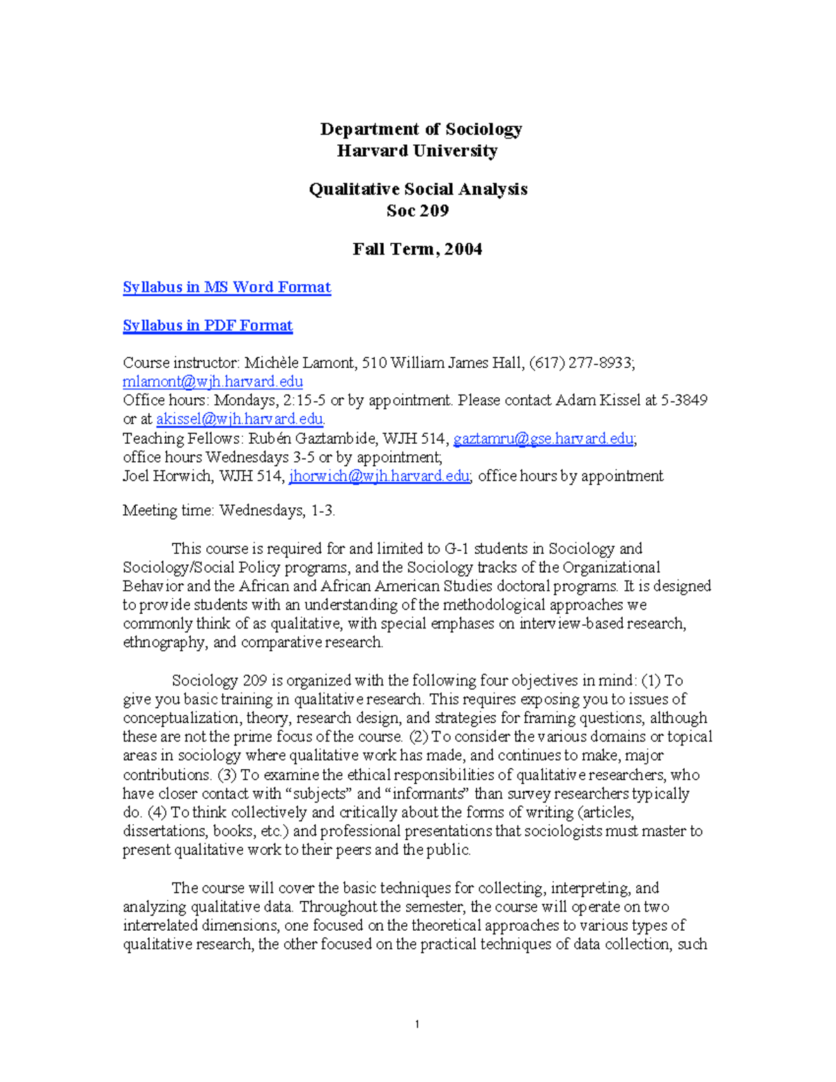 Qualitative Social Analysis Syllabus (Soc 209) - Harvard University ...