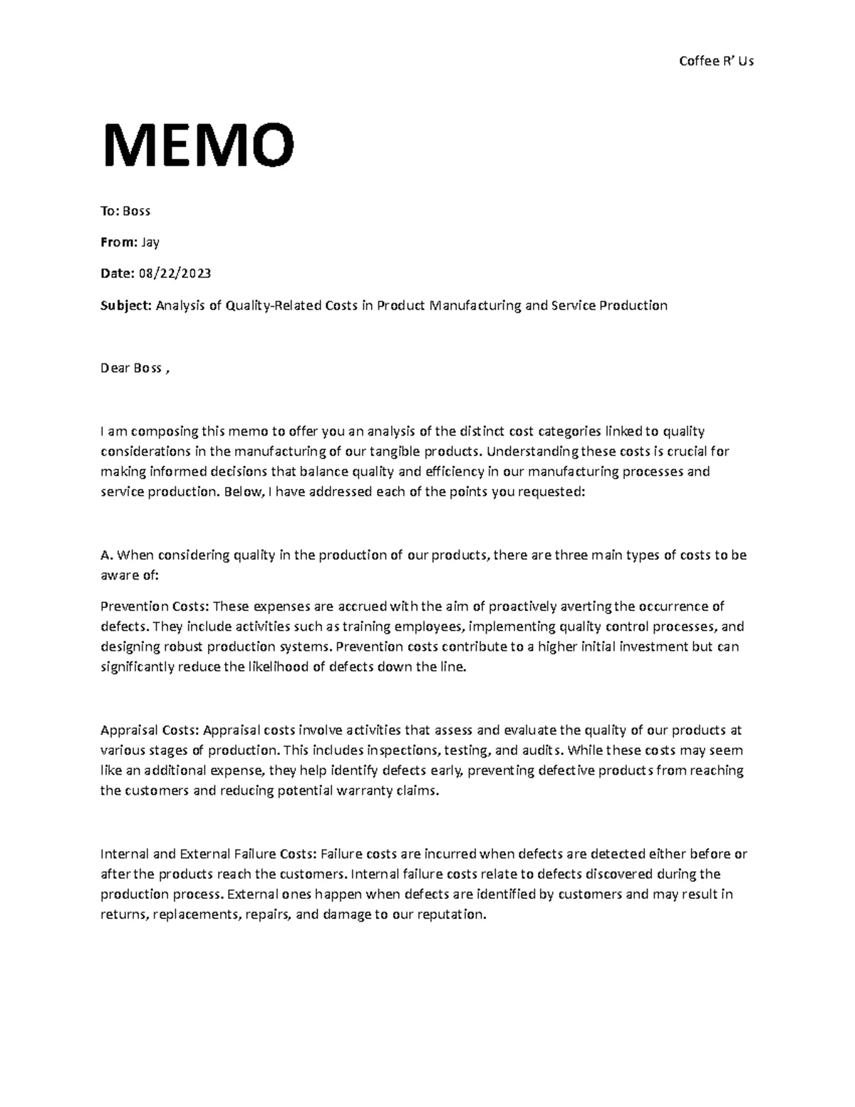 Business Management Tasks — QHT1 - TASK 1 - Memo To: Management From ...