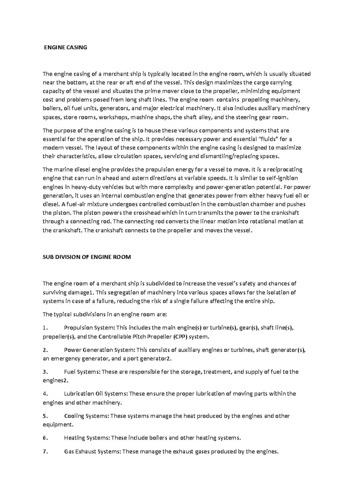 ENG 301: Engine Casing and Subdivision of Engine Room Systems - Studocu