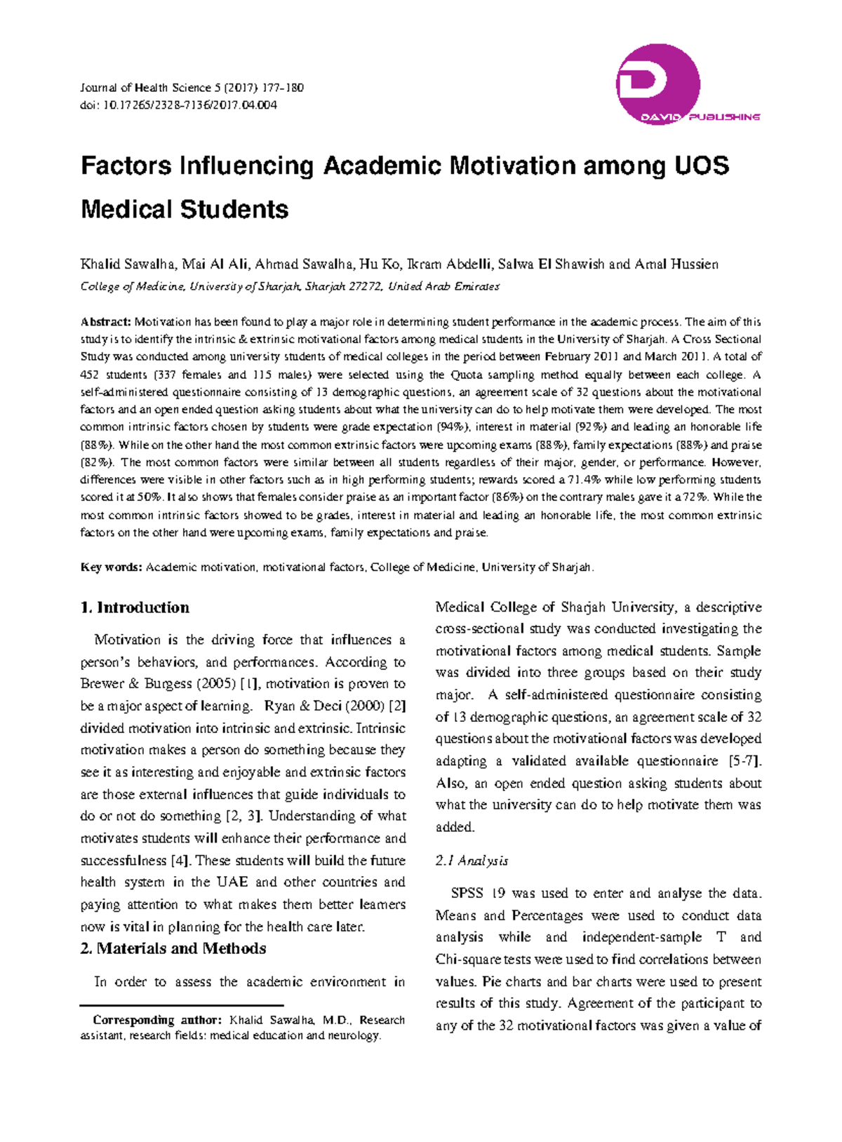 Factors Influencing Academic Motivation: A Study of UOS Medical ...