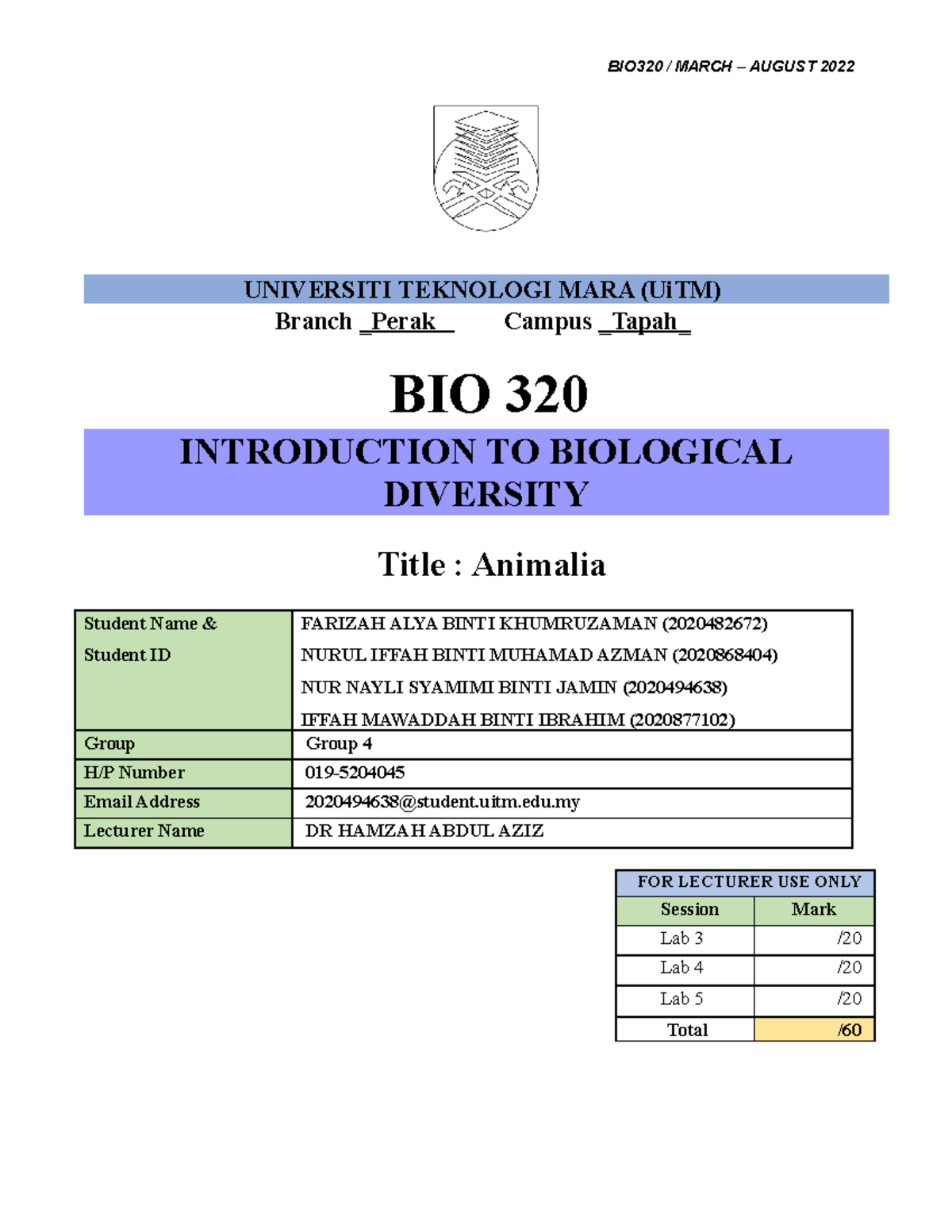 Lab Manual BIO320 - Practical Study of Animalia Diversity - Studocu