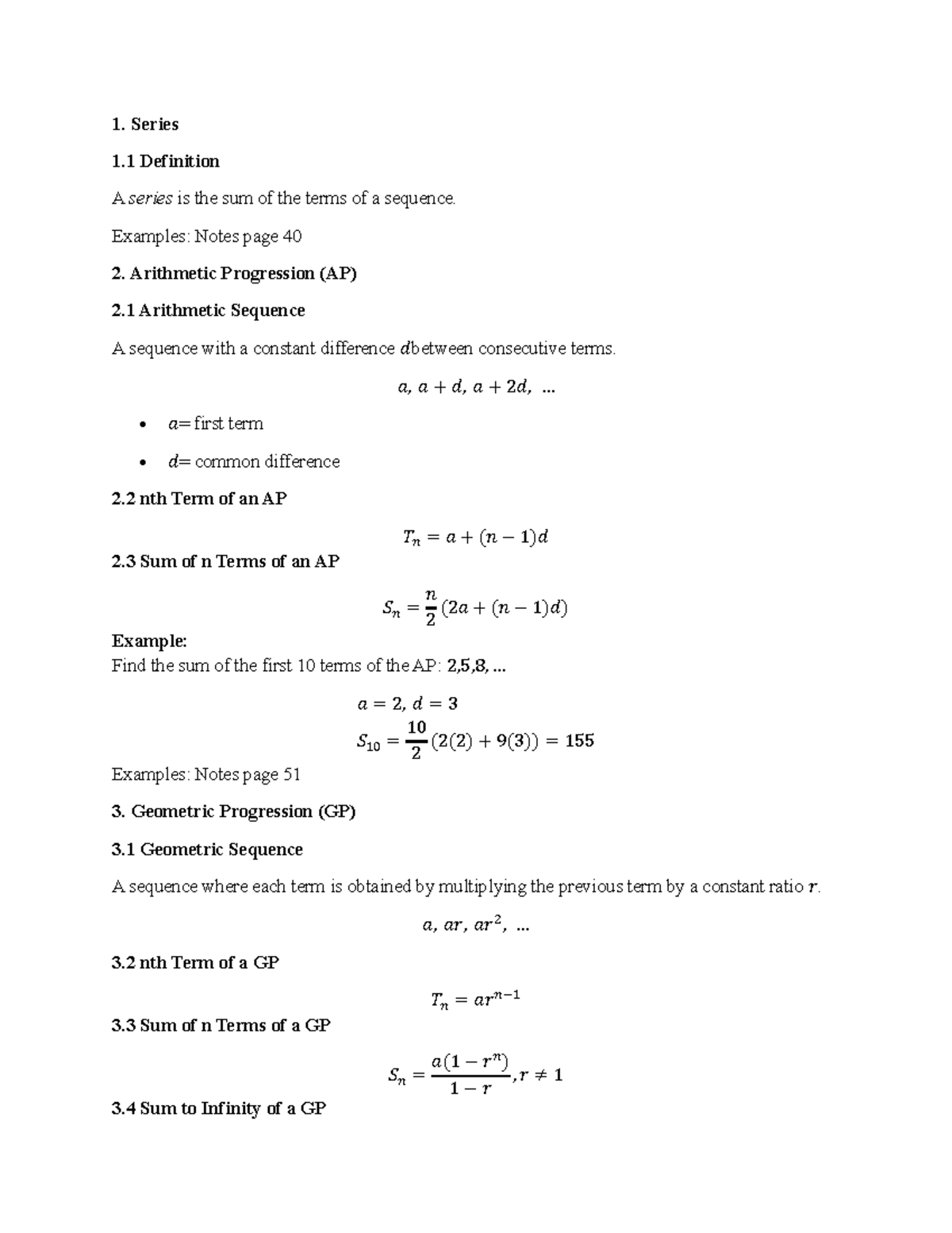 Math 101: Week 3 Notes on Series, AP, GP, and Binomial Theorem - Studocu