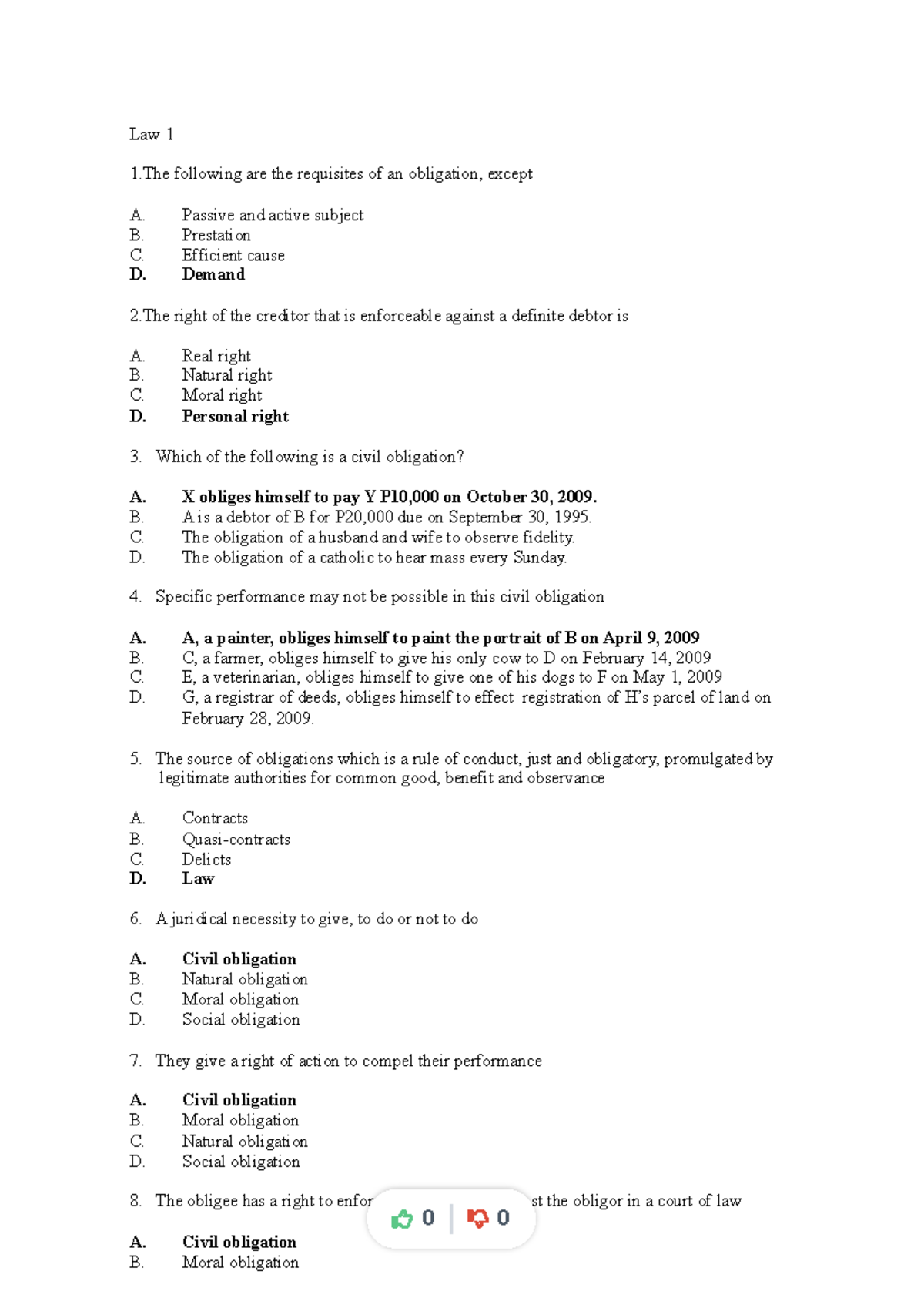 Test Bank for Law 1: Obligations and Civil Liability Insights - Studocu