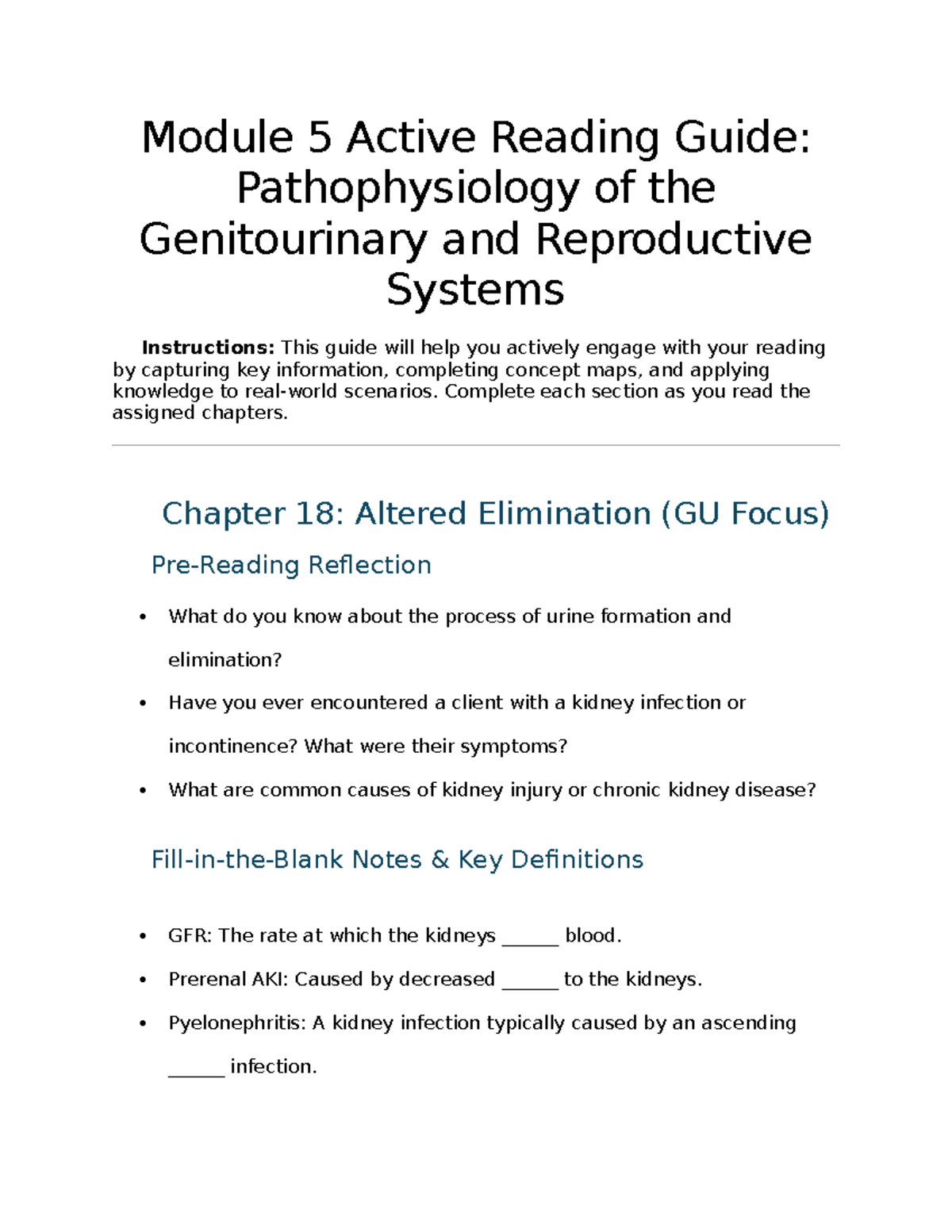 NUR2063 Module 5 Active Reading Guide: GU & Reproductive Systems - Studocu