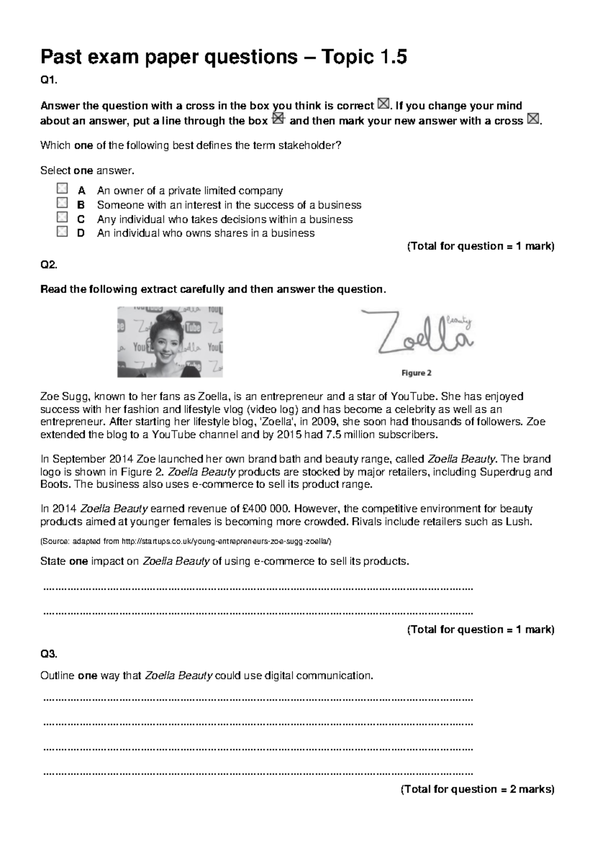 Past Paper Questions - Business Studies 1.5 - Studocu