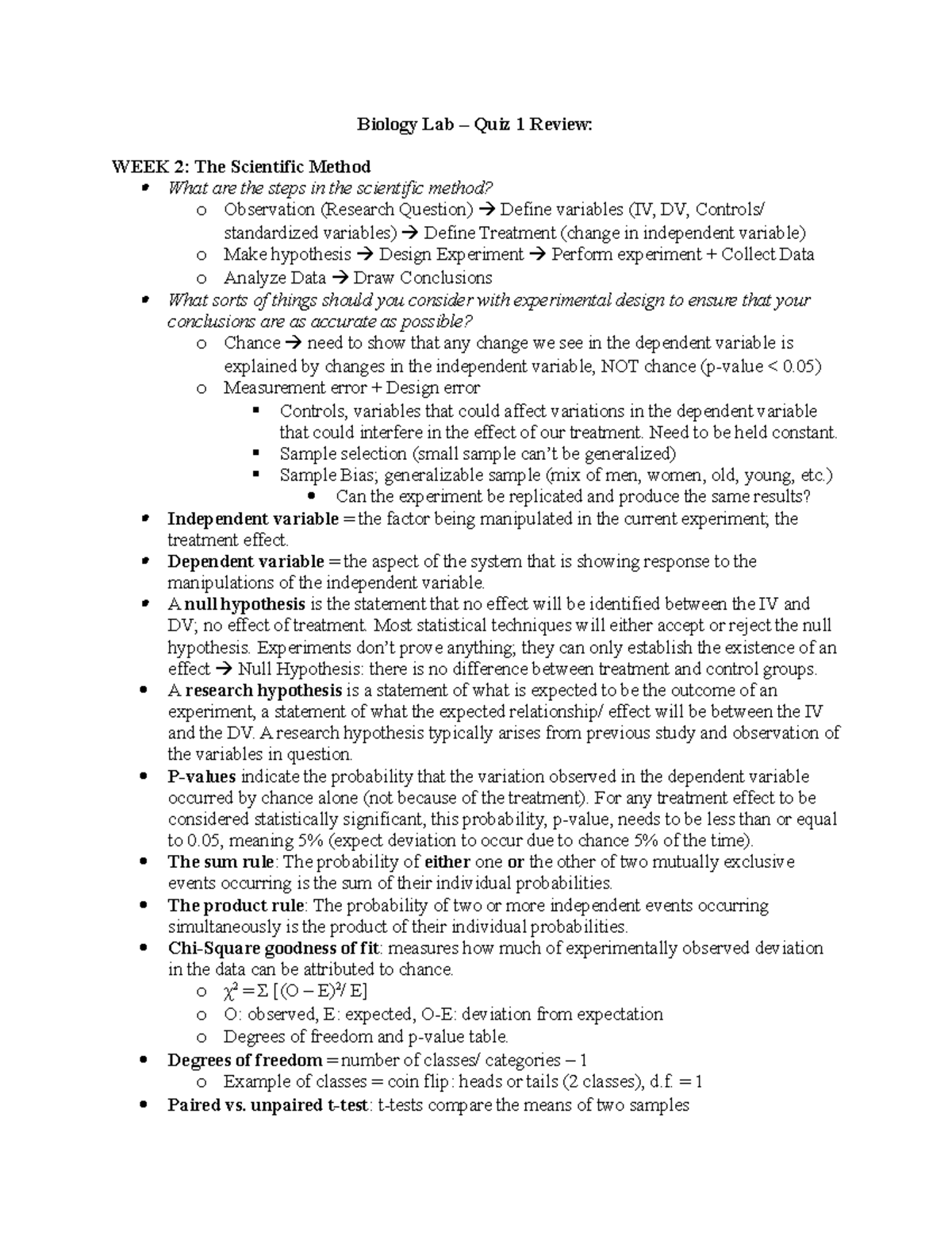 Biology Lab - Quiz 1 Review Notes: Scientific Method & Microscopy - Studocu