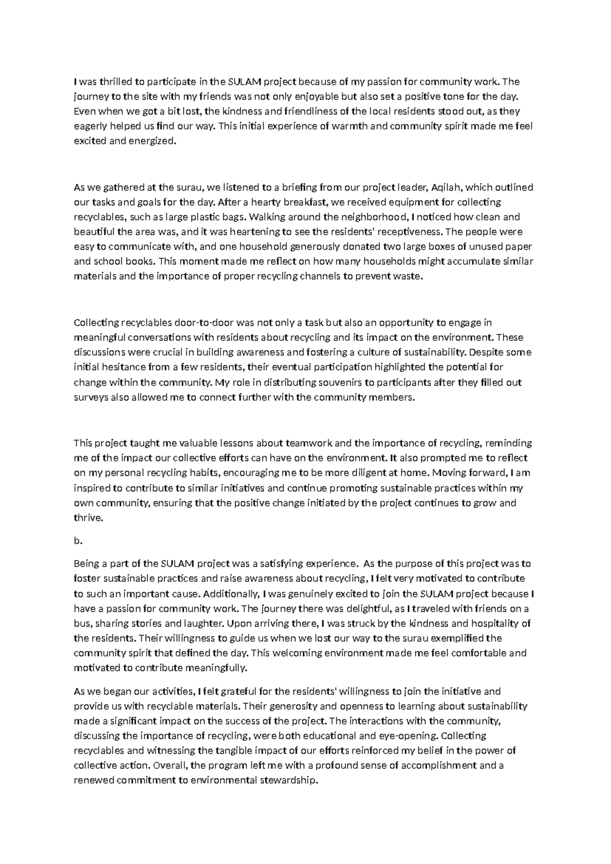 Reflective Essay on Community Engagement in SULAM Project - Studocu