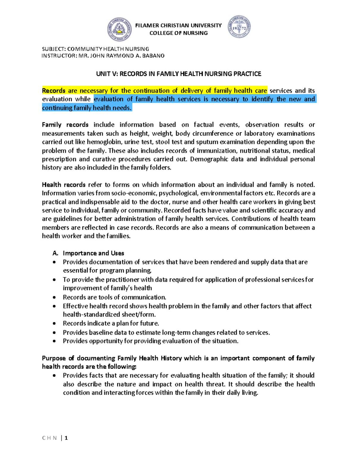 Unit V: Records in Family Health Nursing Practice for CHN Level 2 - Studocu