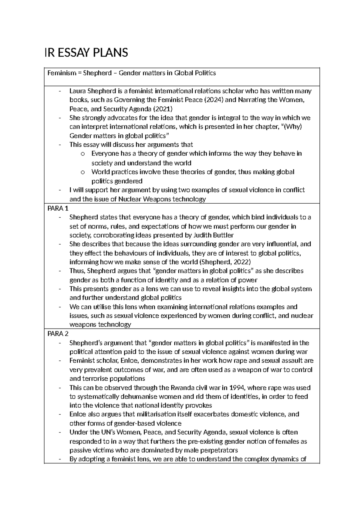 IR ESSAY PLAN: Gender Matters in Global Politics by Laura Shepherd ...
