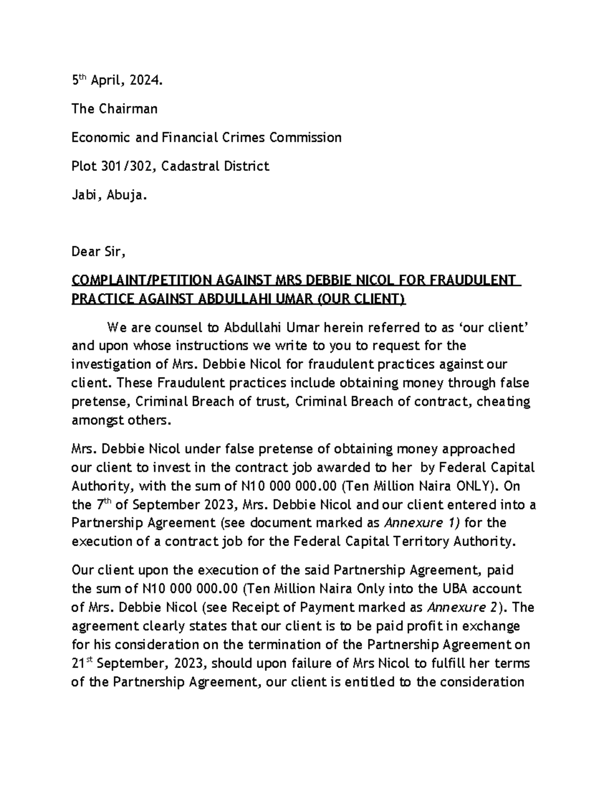 Petition to EFCC Regarding Fraudulent Practices by Mrs. Nicol - Studocu