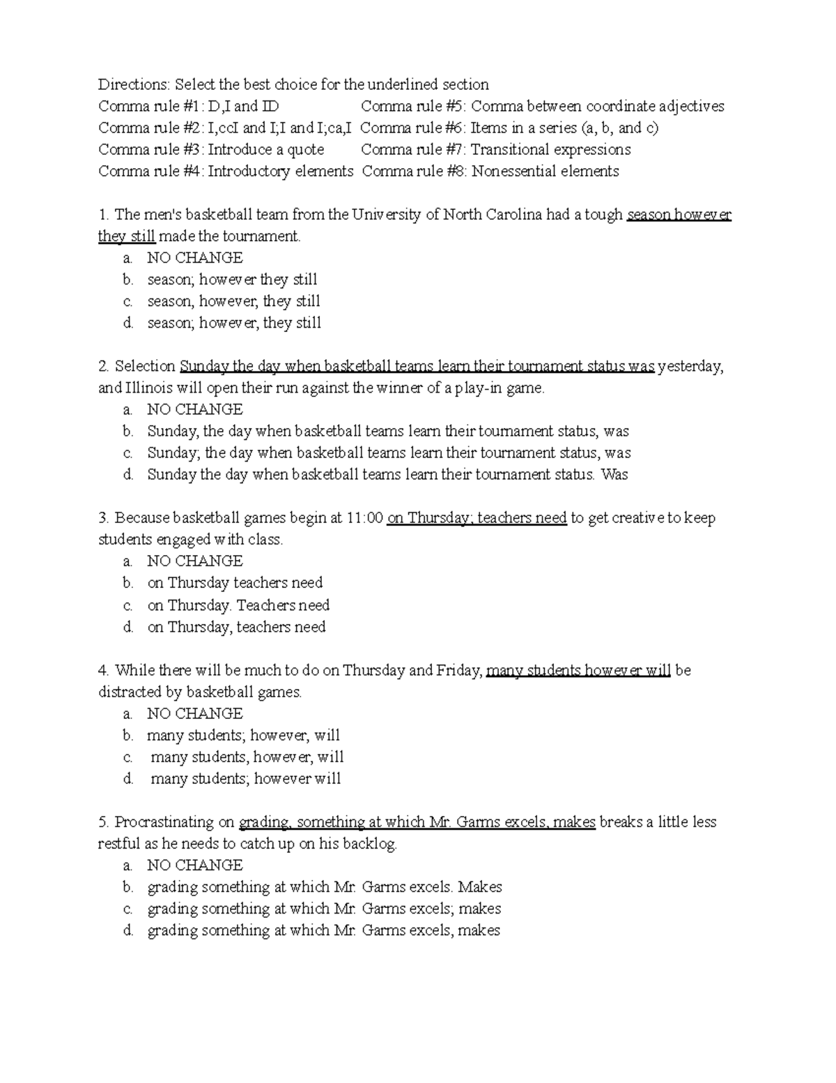 ACT Grammar Bellwork #3 - Comma Rules & Practice Questions - Studocu