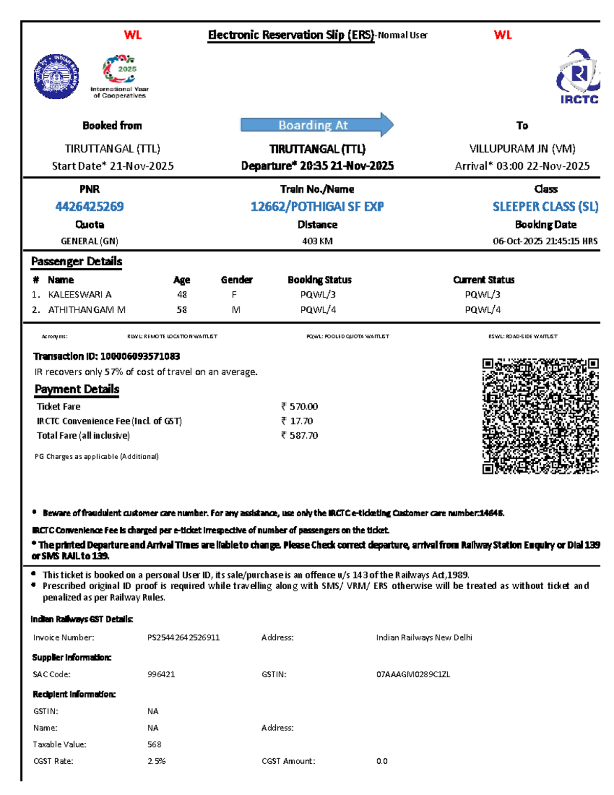 WL Electronic Reservation Slip for Train 4426425269 (SL) - Studocu