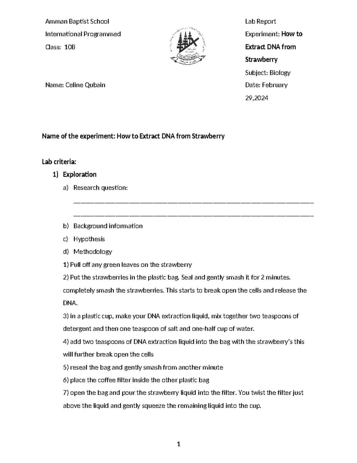 10B Biology Lab Report: DNA Extraction from Strawberries Experiment ...