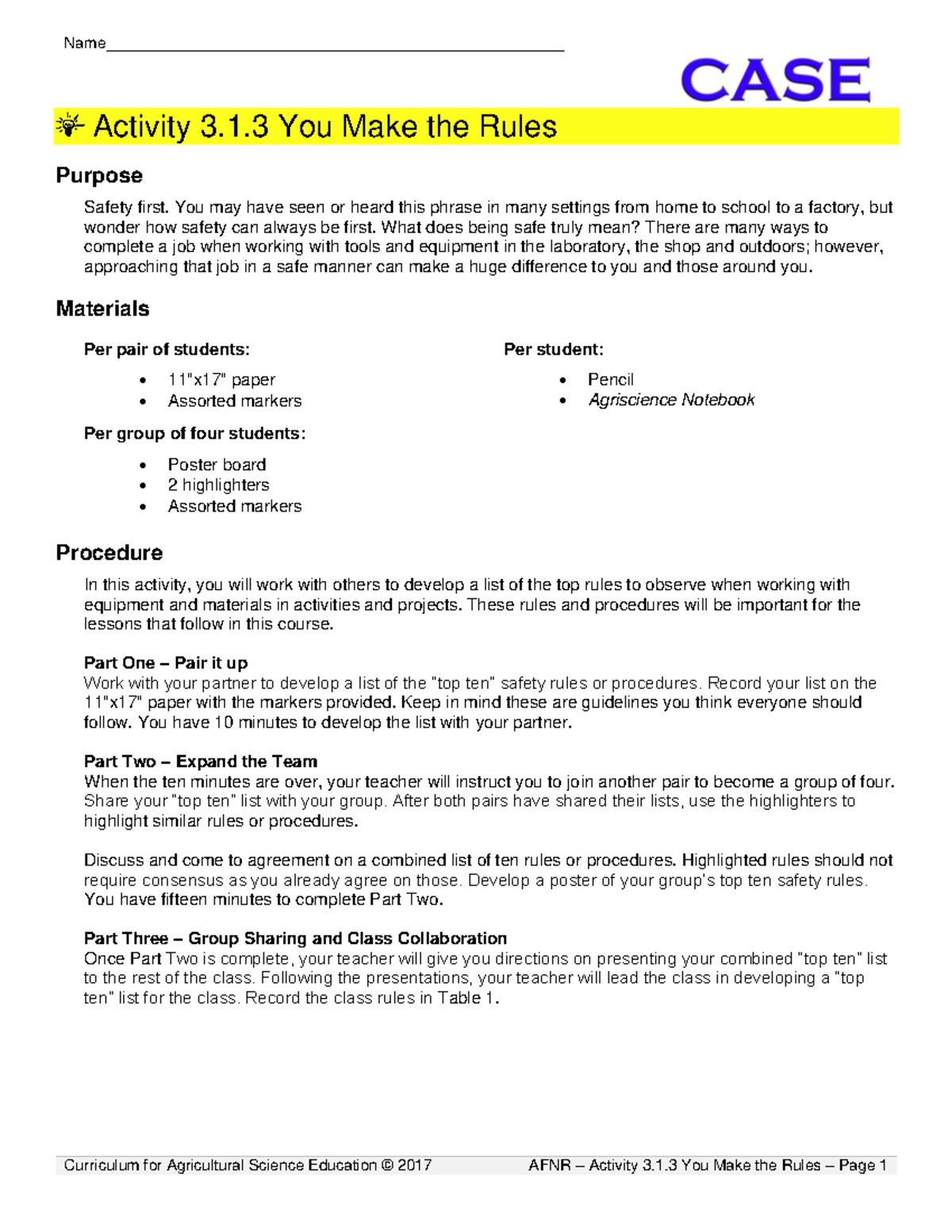 Activity 3.1.3: You Make the Rules - Safety First in Agriscience - Studocu