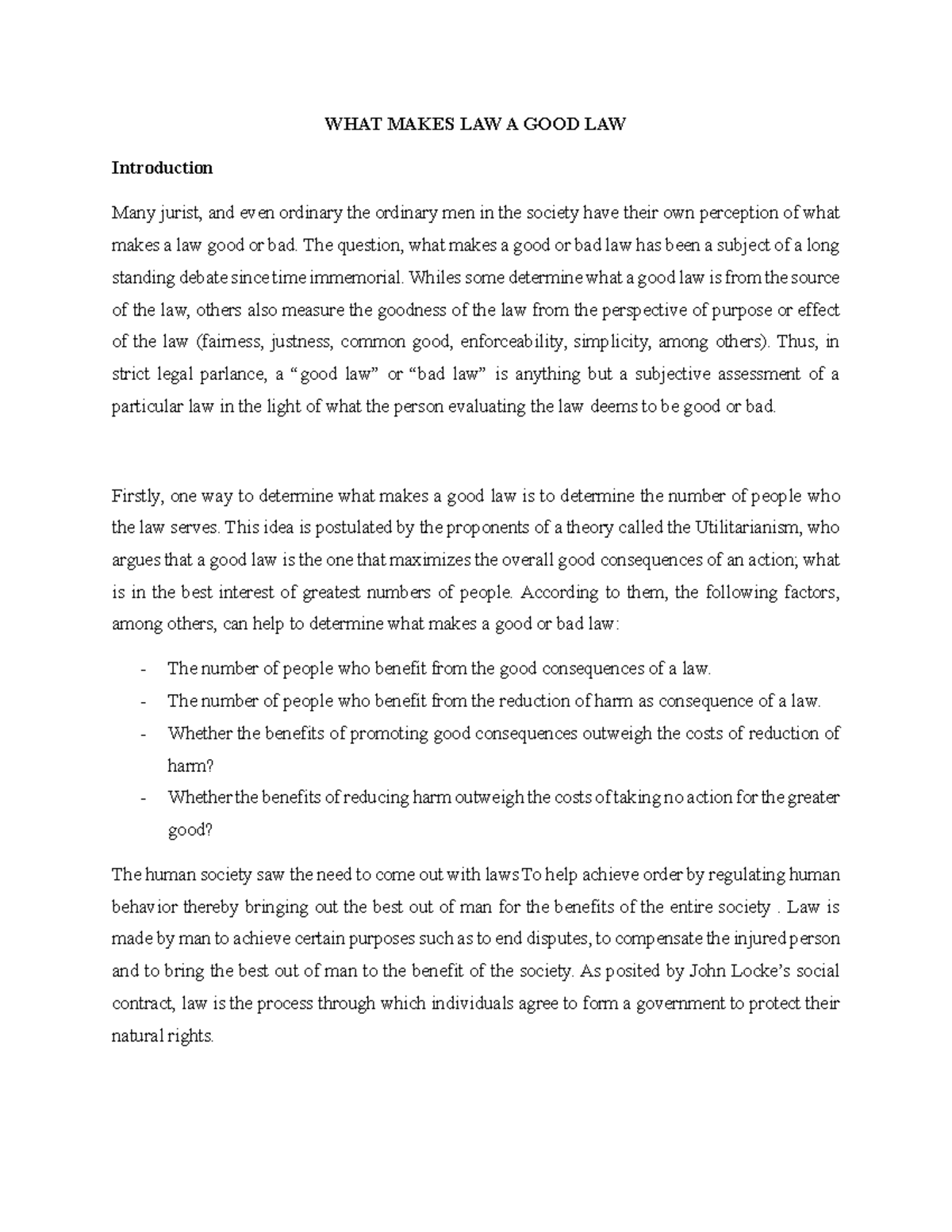 Jurisprudence I Assignment 2: Evaluating What Constitutes Good Law ...