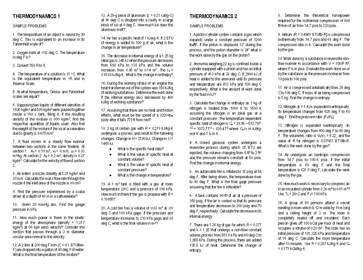 Thermodynamics Sample Problems for Courses THM 1, 2, and 3 - Studocu