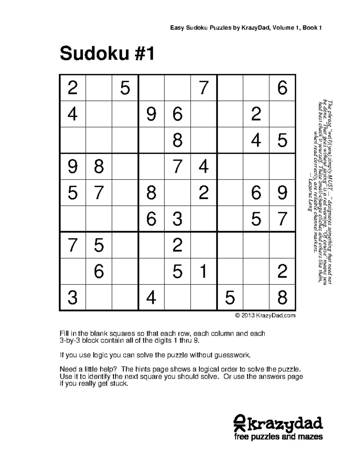 KD Sudoku EZ 8 v1 - none - Fill in the blank squares so that each row ...