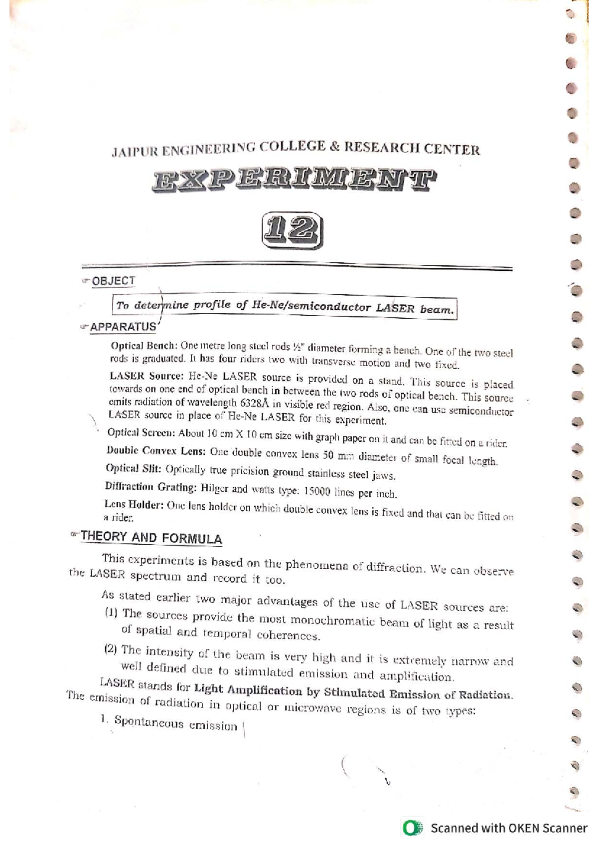 Experiment 12: Determining the Profile of a LASER Beam - BTech CSE (DAM001AC) - Studocu