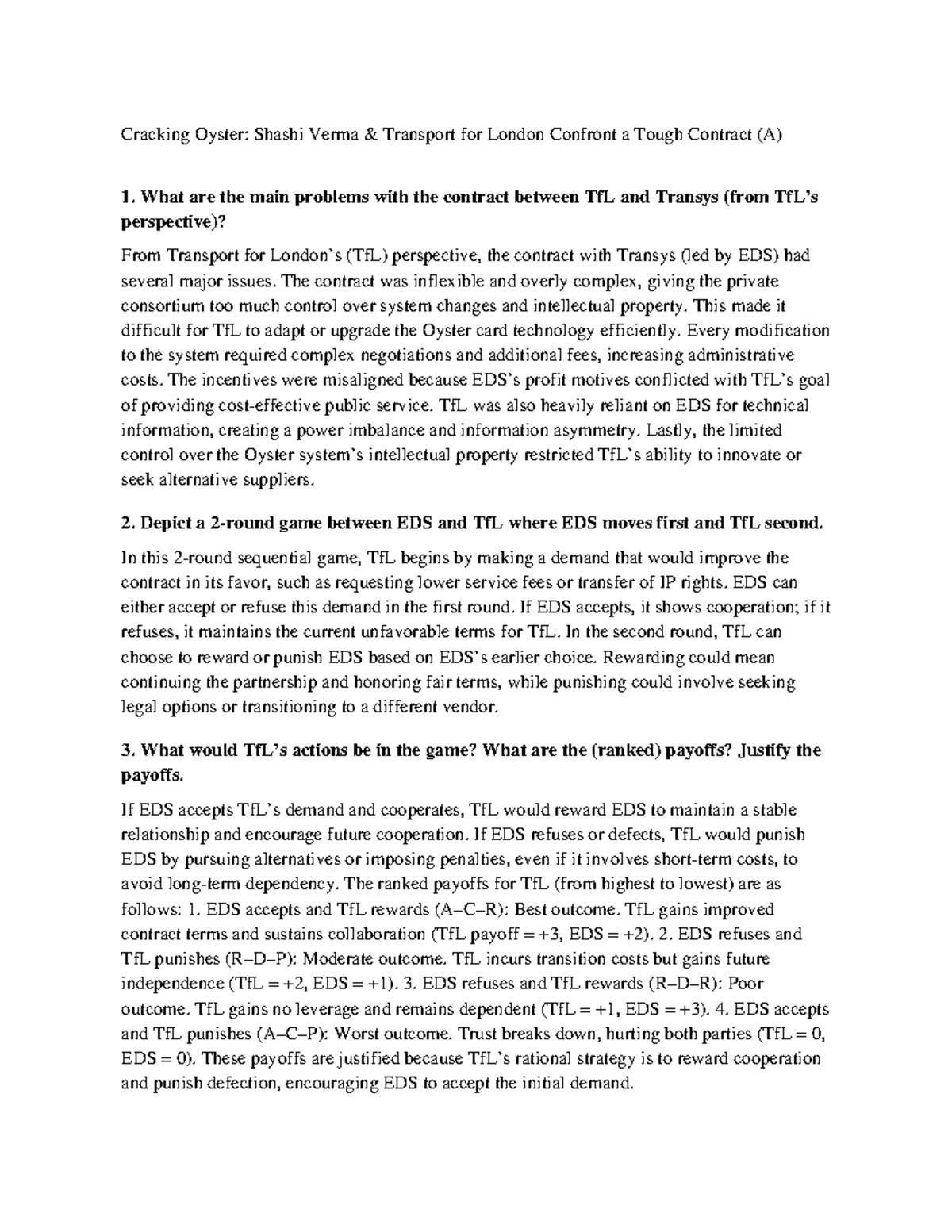 TfL EDS Game Analysis: Contract Challenges and Strategies - Studocu