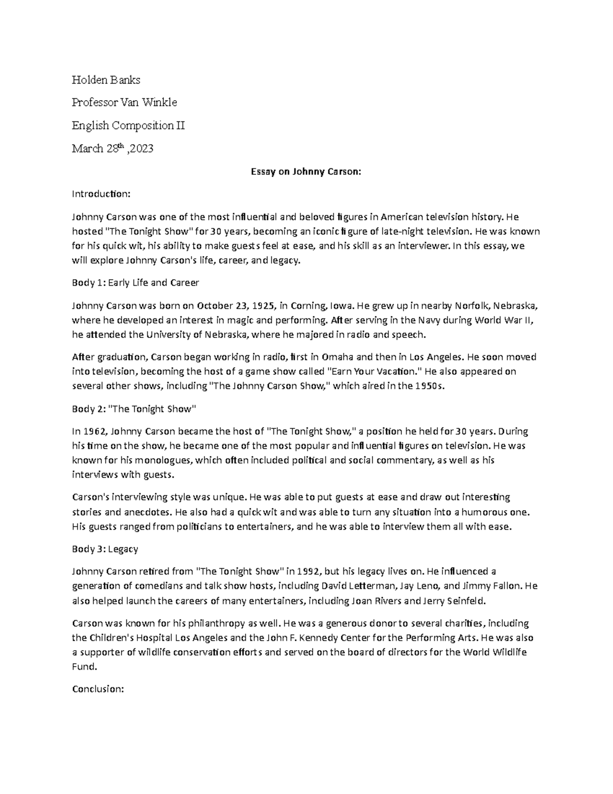 Essay on Johnny Carson's Life and Impact - ENG 102 - Studocu