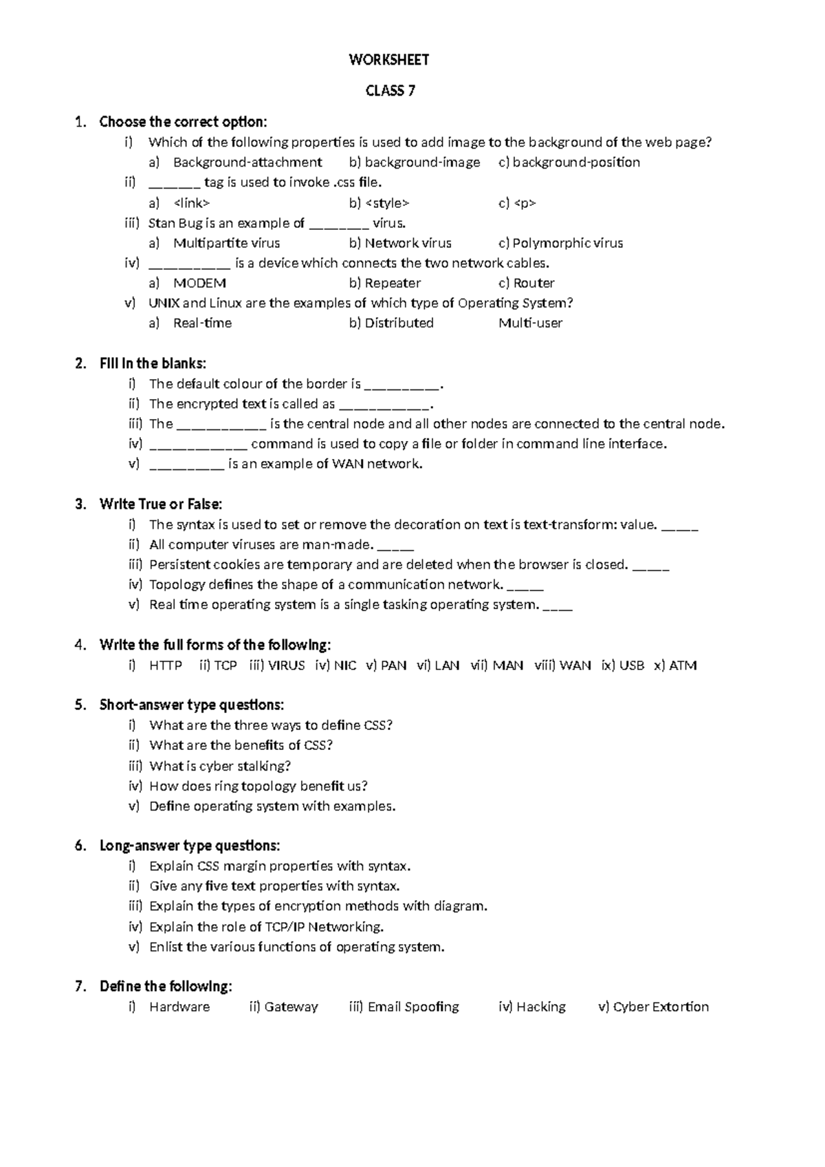 Worksheet - Class VII - DSAWR: Computer Science Concepts - Studocu