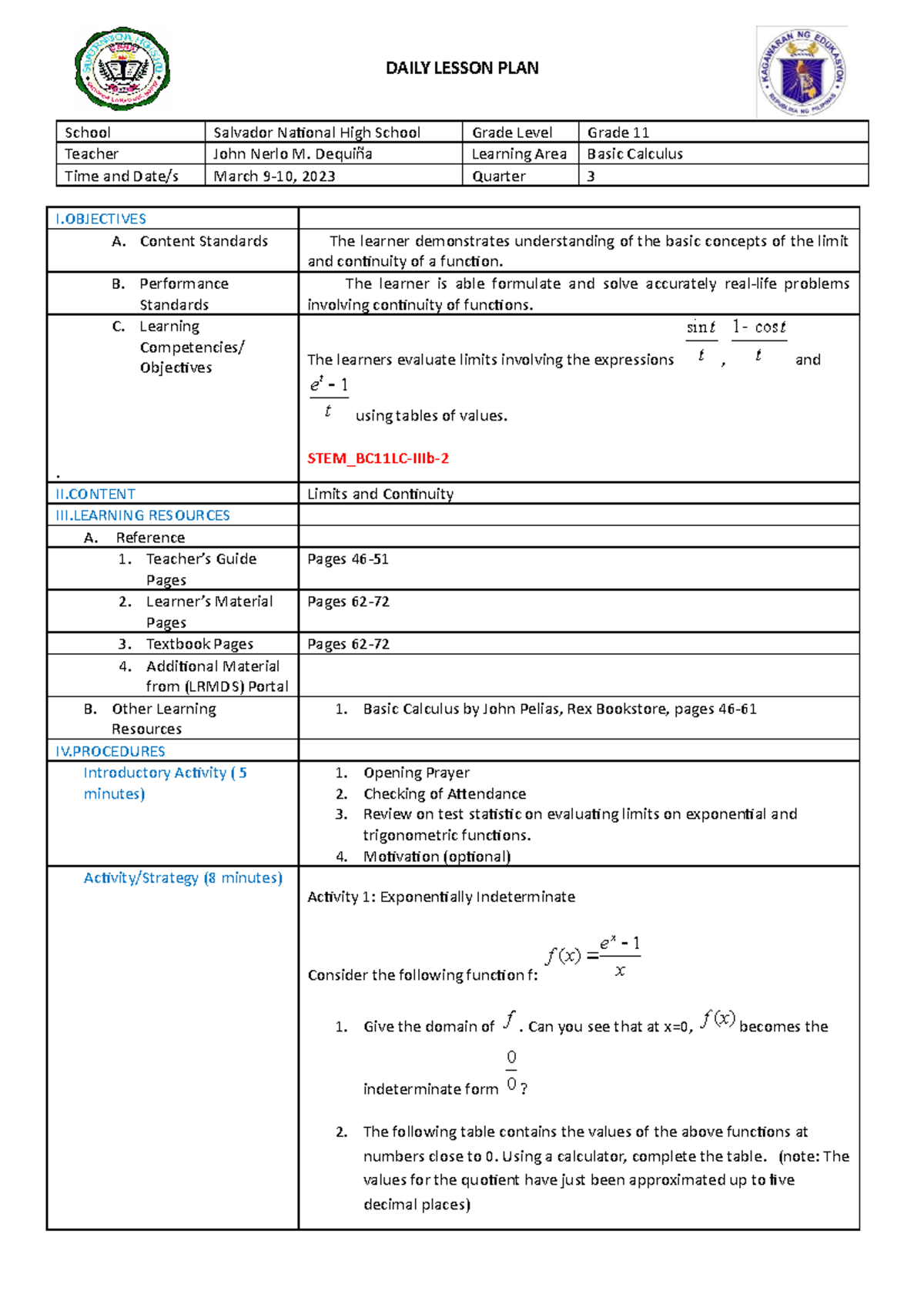 STEM BC11LC-IIIb-2 - Daily Lesson Plan on Limits & Continuity in Math - Studocu