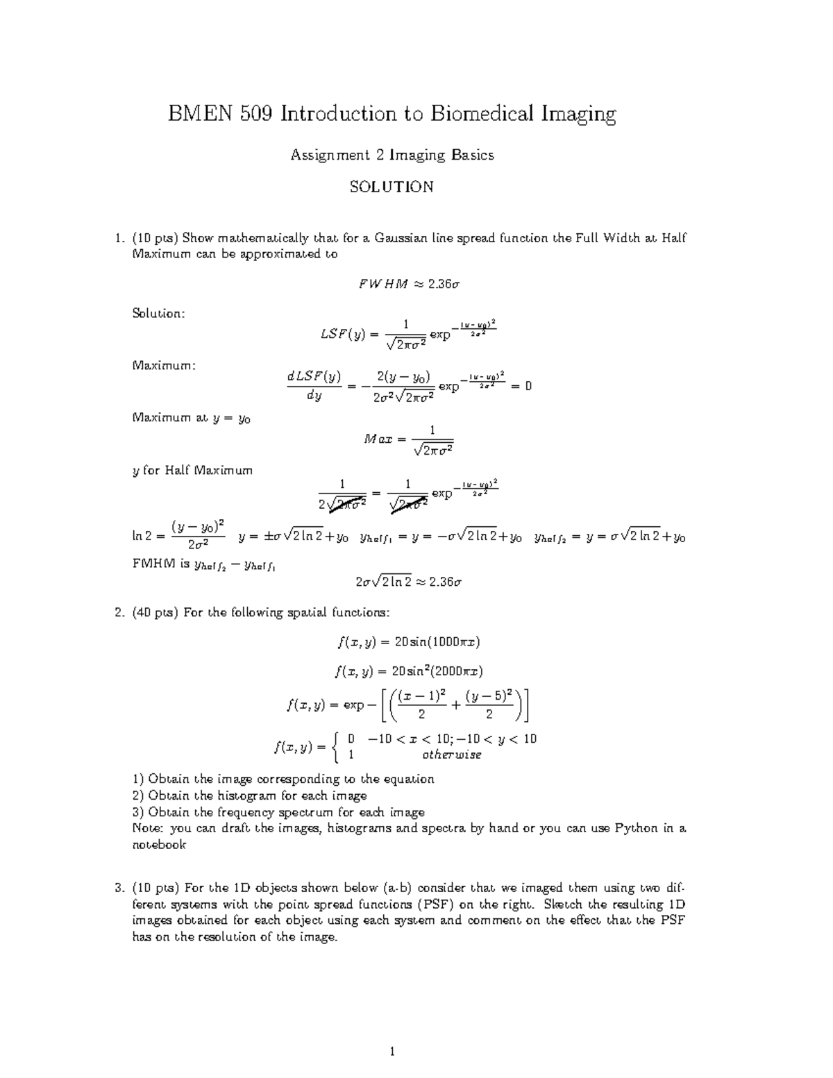 BMEN 509 Assignment 2: Imaging Basics Solutions and Analysis - Studocu