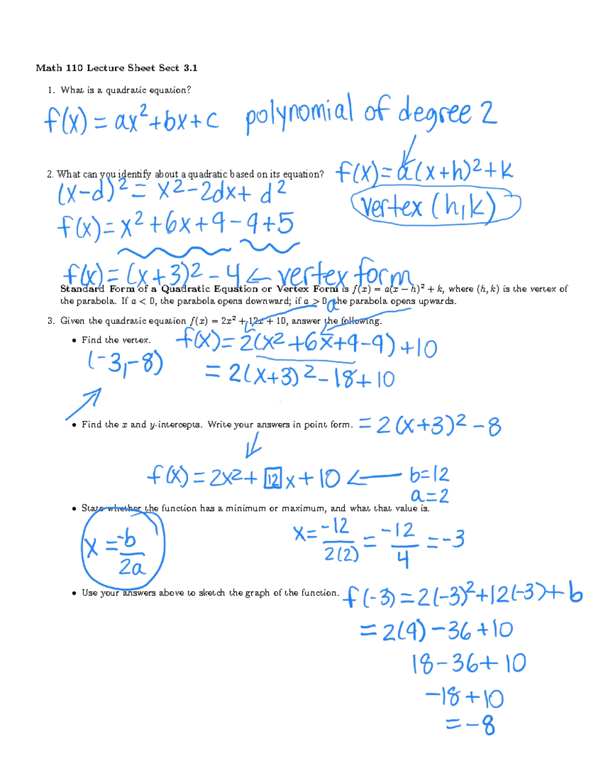 Math 110 Lecture Notes: Quadratic Functions & Properties - Studocu