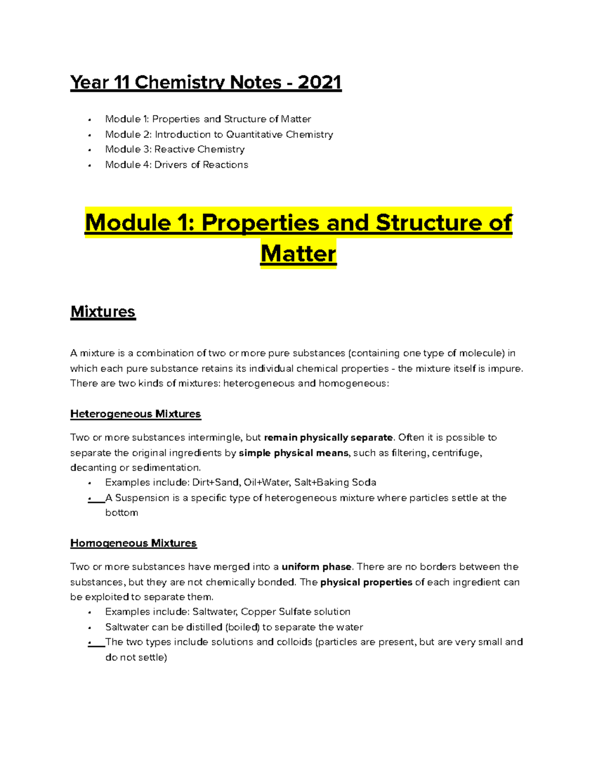 Year 11 Chemistry Notes - Comprehensive Guide to All Modules - Studocu