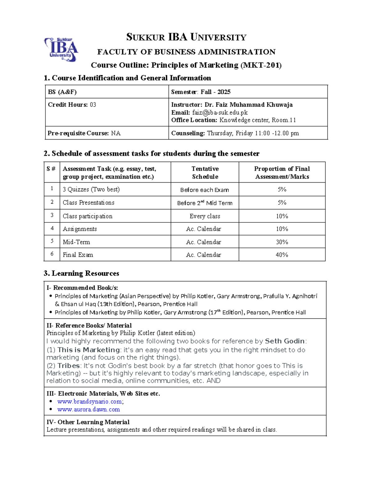 Outline of Principles of Marketing (BS-A&F-3) - Fall 2025 - Studocu