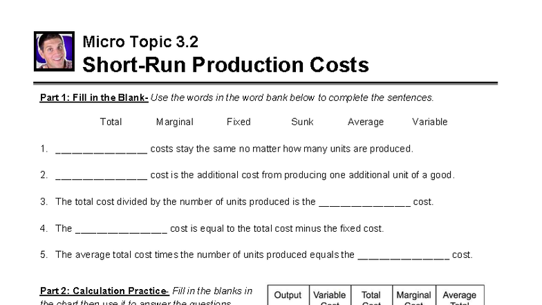 Micro Topic 3.2: Short-Run Production Costs & Calculations - Studocu