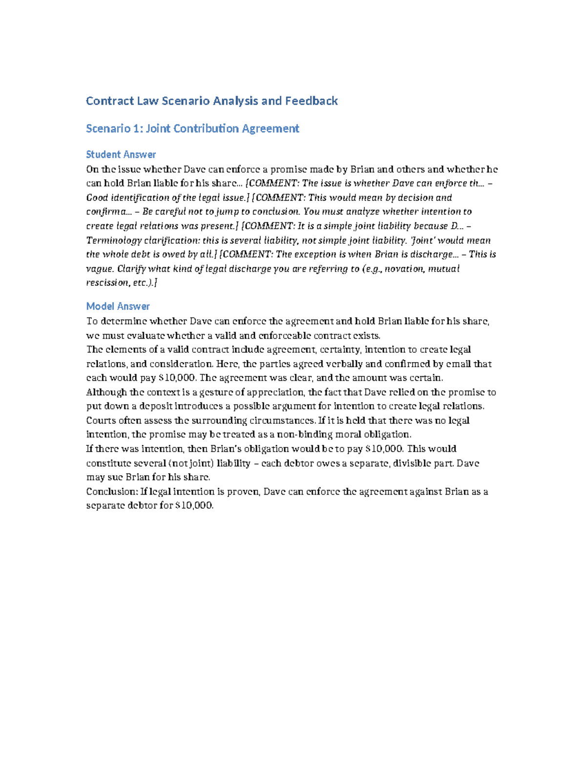 Contract Law Scenario Analysis: Joint Contribution Agreement Feedback ...